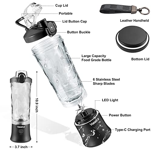 Portable Blender, Personal Size Blender for Shakes and Smoothies, Blender with 6 Blades, 20oz Mini Mixer Rechargeable for Kitchen/Gym/Travel/Office, BPA-Free,Black