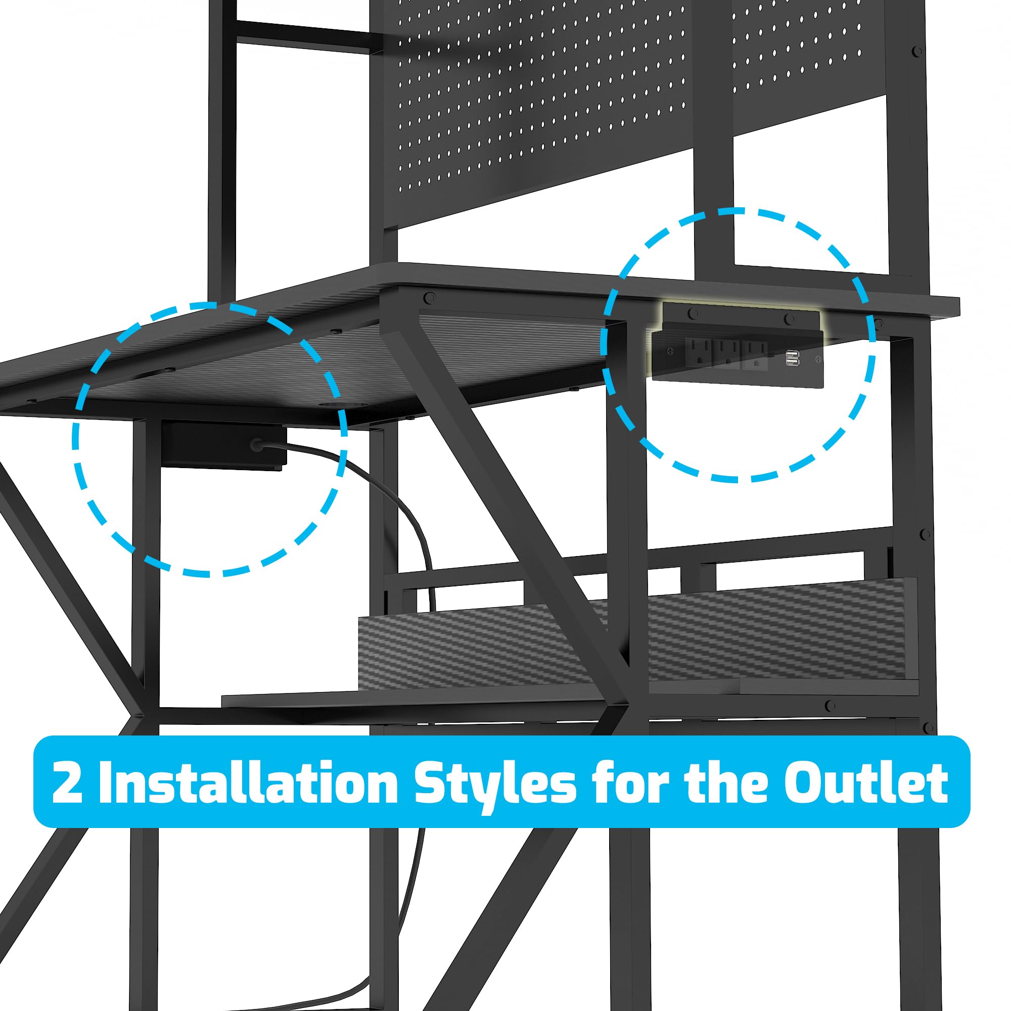 Chnnmbrn Home Office Desk with Power Outlet,Gaming Desk with Pegboard,Large PC Table Computer Desk with Shelves,Multifunctional Workbench,Study Writing Workstation