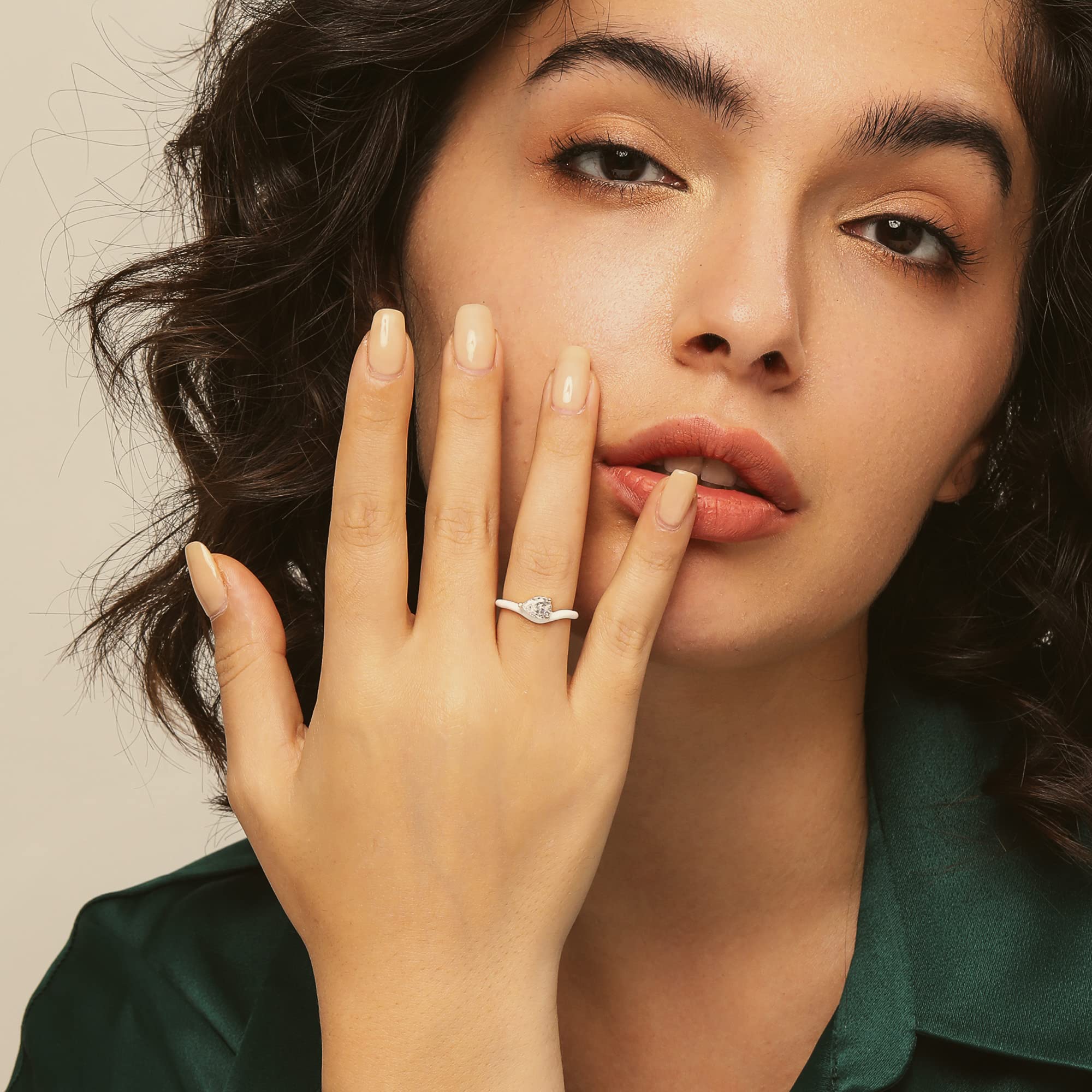 BLOSSOM & HUE White Enamel Ring | Size 8 | East West Pear Shaped Solitaire Cubic Zirconia | 18K Gold Plated .925 Sterling | Colorful Trend Setter
