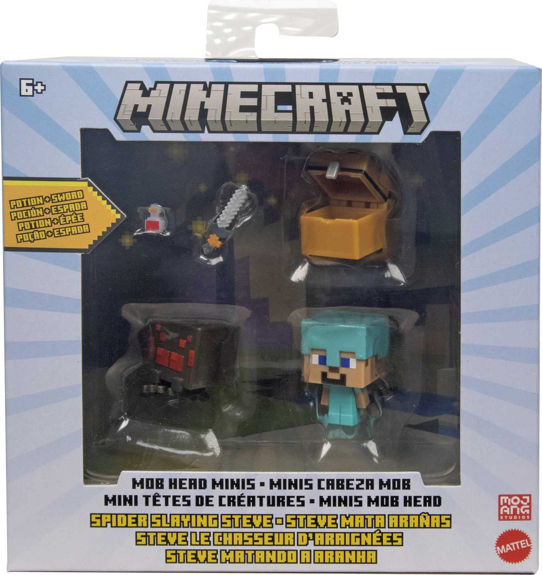 Minecraft Mob Head Minis Spider Slayer Steve Pack with 2 Action Figures & Accessories, Incudes Authentic Pixelated Video-Game Characters Steve & Spider, Collectible Gift for Fans Age 6 Years & Older