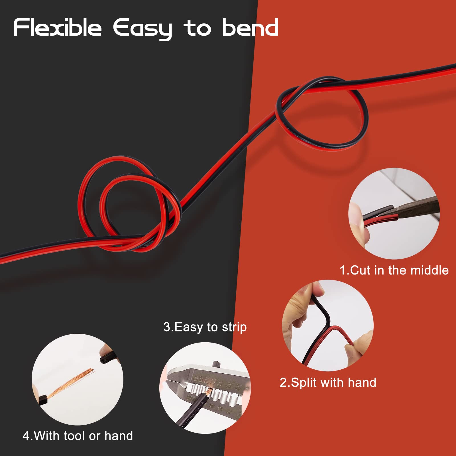 Askcable 16Gauge 100FT Electrical Wire Cable Flexible Wire Extension Cord 16AWG Copper Clad Aluminum Copper Wire 2 Conductors Red Black Parallel Wire line Hookup LED Lighting Strips 12V/24V DC Cable