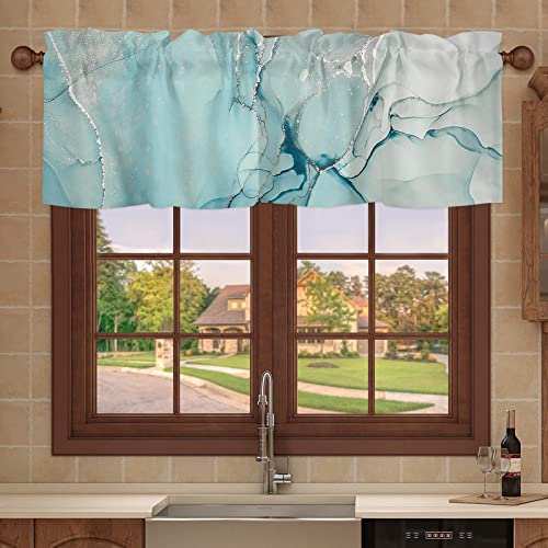 Kitchen Valances for Windows, Marble Texture Abstract Teal Blue and White Gold Glitter Splatter Kitchen Curtains, Short Curtains Rod Pocket Small Window Curtains 54"x18" Bathroom Curtains Window