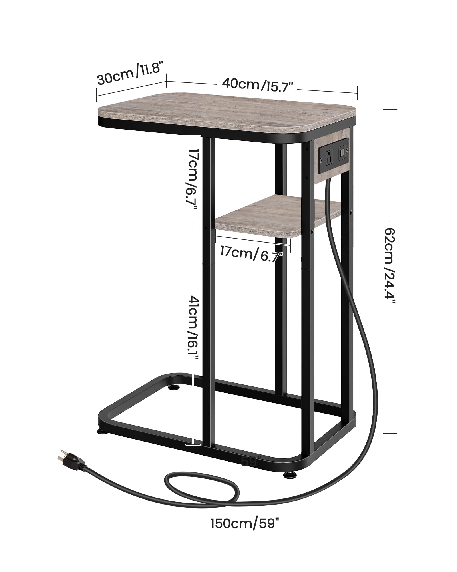 CHOEZON C-Shaped Side Table, Small End Table with Charging Station, Sofa Side Table for Couch with Outlet and USB Ports, for Small Spaces, for Bedroom, Living Room, Greige and Black TSF02UBH