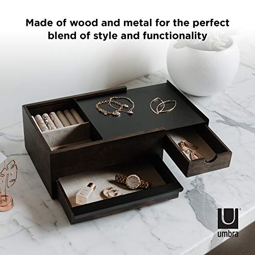 Umbra Stowit Jewelry Box-Modern Keepsake Storage Organizer with Hidden Compartment Drawers for Ring, Bracelet, Watch, Necklace, Earrings, and Accessories, Black/Walnut