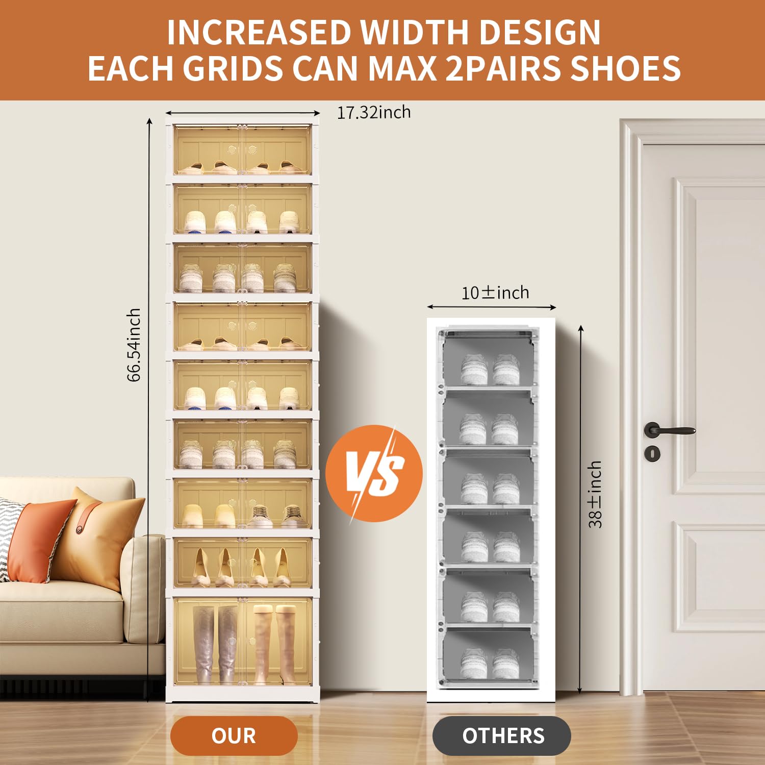 CIMLORD 9-Tier Foldable Shoe Rack Organizer for Closet 18Pairs Plastic Shoe Shelf Collapsible Shoes Storage Box Clear Shoe Boxes Stackable with Door Easy Assembly Shoe Cabinet with Lids Large