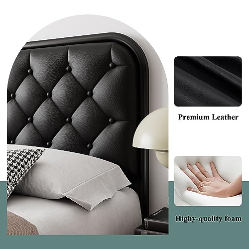 iPormis King Size Metal Bed Frame with Faux Leather Button Tufted Headboard and Footboard, Heavy Duty Platform Bed with 17 Steel Slats,12" Under-Bed Space, No Box Spring Needed, Noise-Free, Black