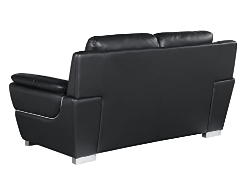 Blackjack Furniture Binion Modern Leather Loveseat for Living Room with Padded Headrests, Stainless Steel Legs & Accent Chrome Trim, Black