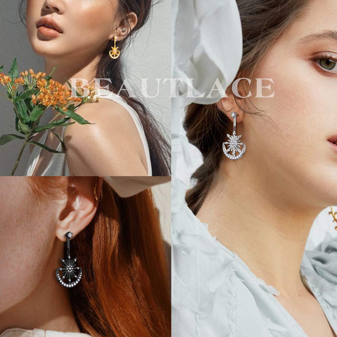 Beautlace Star and Moon Stud Earrings Silver Plated Crescent Moon Stars Dangle Earrings Jewelry Gift for Women KE0088W