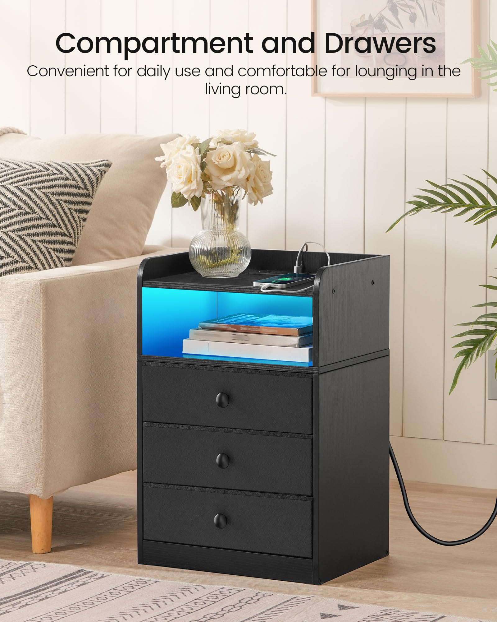 CHOEZON Nightstand with Charging Station and LED Light, Side Table with 3 Fabric Drawers Chest, End Table with USB Ports and Outlet, Bedside Table for Living Room, Bedroom, Black MBZ04UDBB