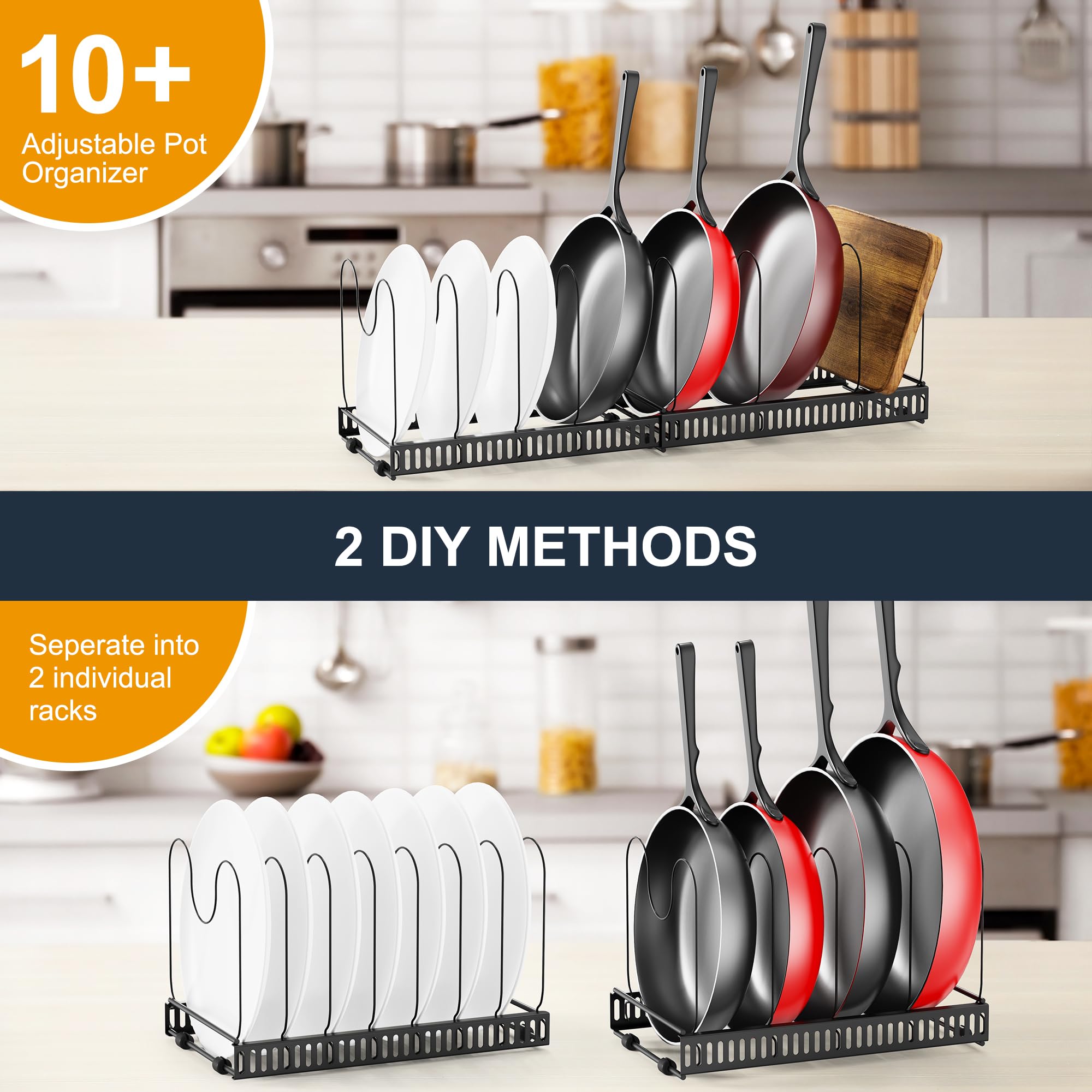 Bellsal Expandable Pots and Pans Organizer Rack for Cabinet, 10+ Adjustable Pot Lid Organizer Rack Holder, Kitchen Cabinet Pantry Pan Organizer Black