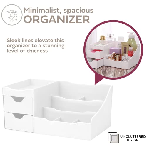 Uncluttered Designs Makeup Organizer With Drawers β Modern Countertop Storage for Cosmetics β Chic Vanity Holder for Perfume, Skincare, Brush, Lipstick, Nail Polish Organization and Display (White)