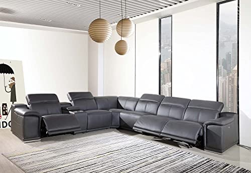 Blackjack Furniture Venice 7 Piece Italian Leather Sectional Sofa with 3-Power Recliners, Adjustable Headrest, Lumbar Support, USB and Wireless Charging Station, Extra Large Storage, 1 Console, Gray