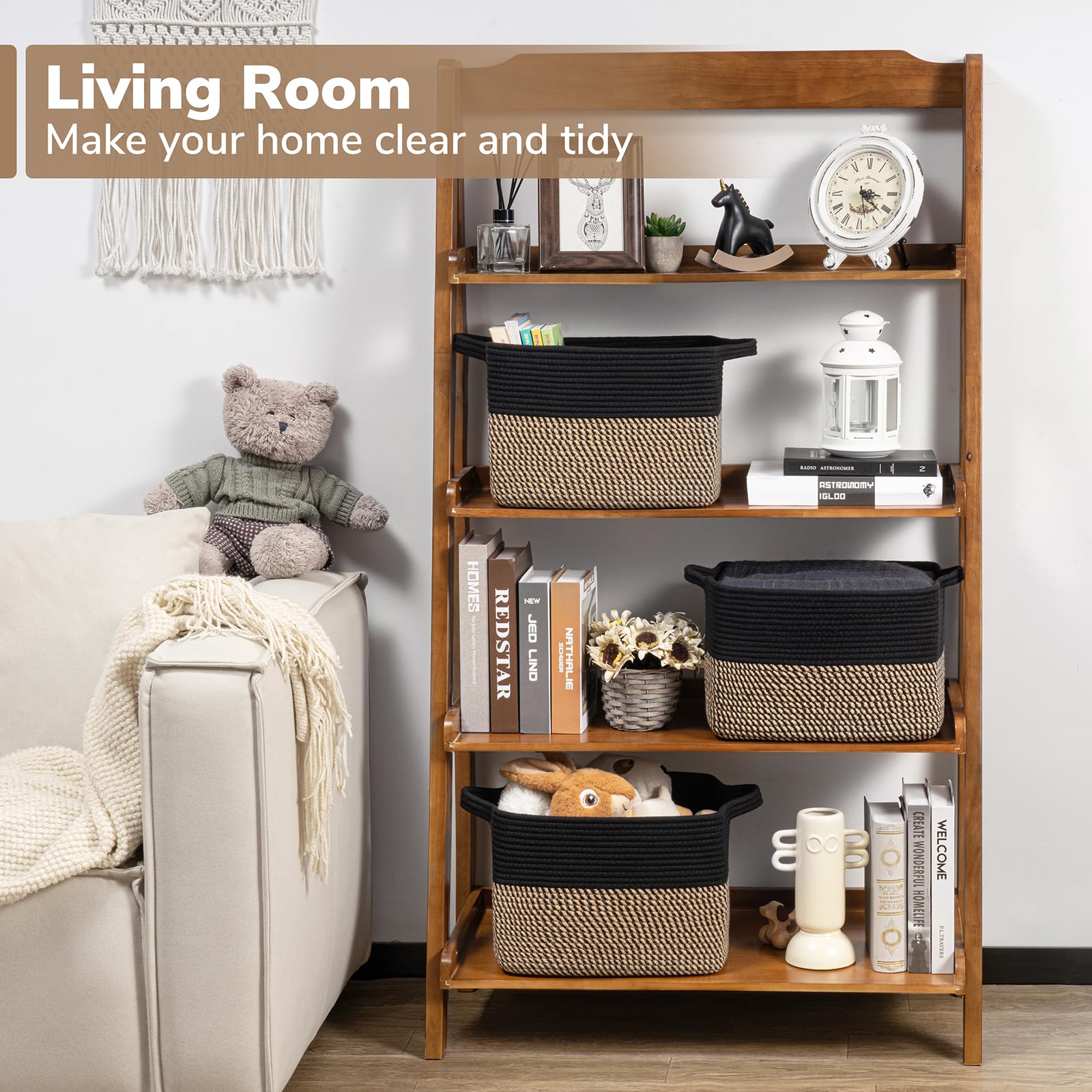 Goodpick Black Woven Rope Basket Set of 3, Shelf Storage Baskets for Books, Towels, clothes, Rectangle Decorative Basket for Living Room, Bedroom, Toy Bin for Nursery