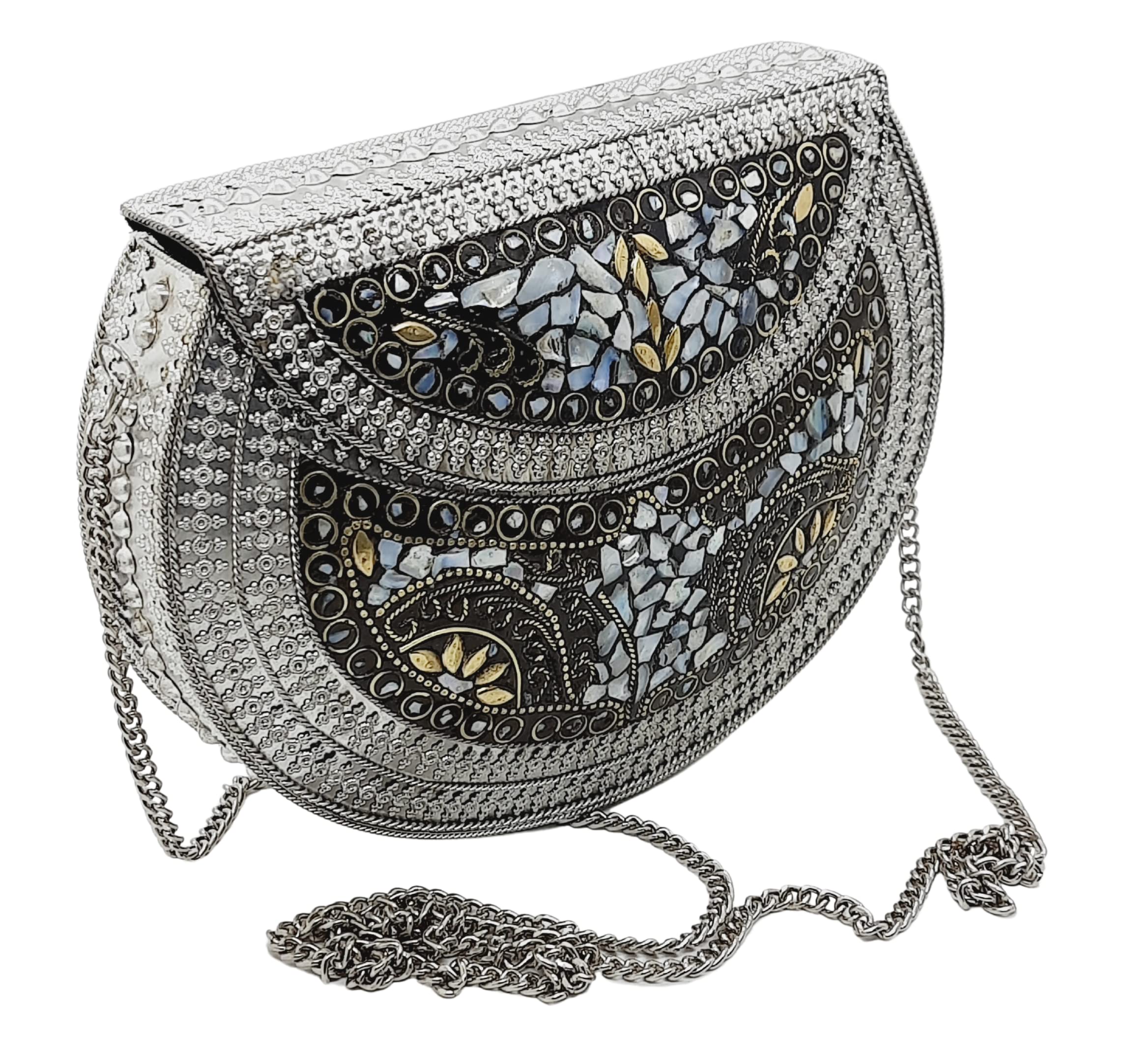 Ethnic Clutch Vintage Handmade metal Mosaic stone Shell purse Handbag for women Party Bag Special occasion accessories