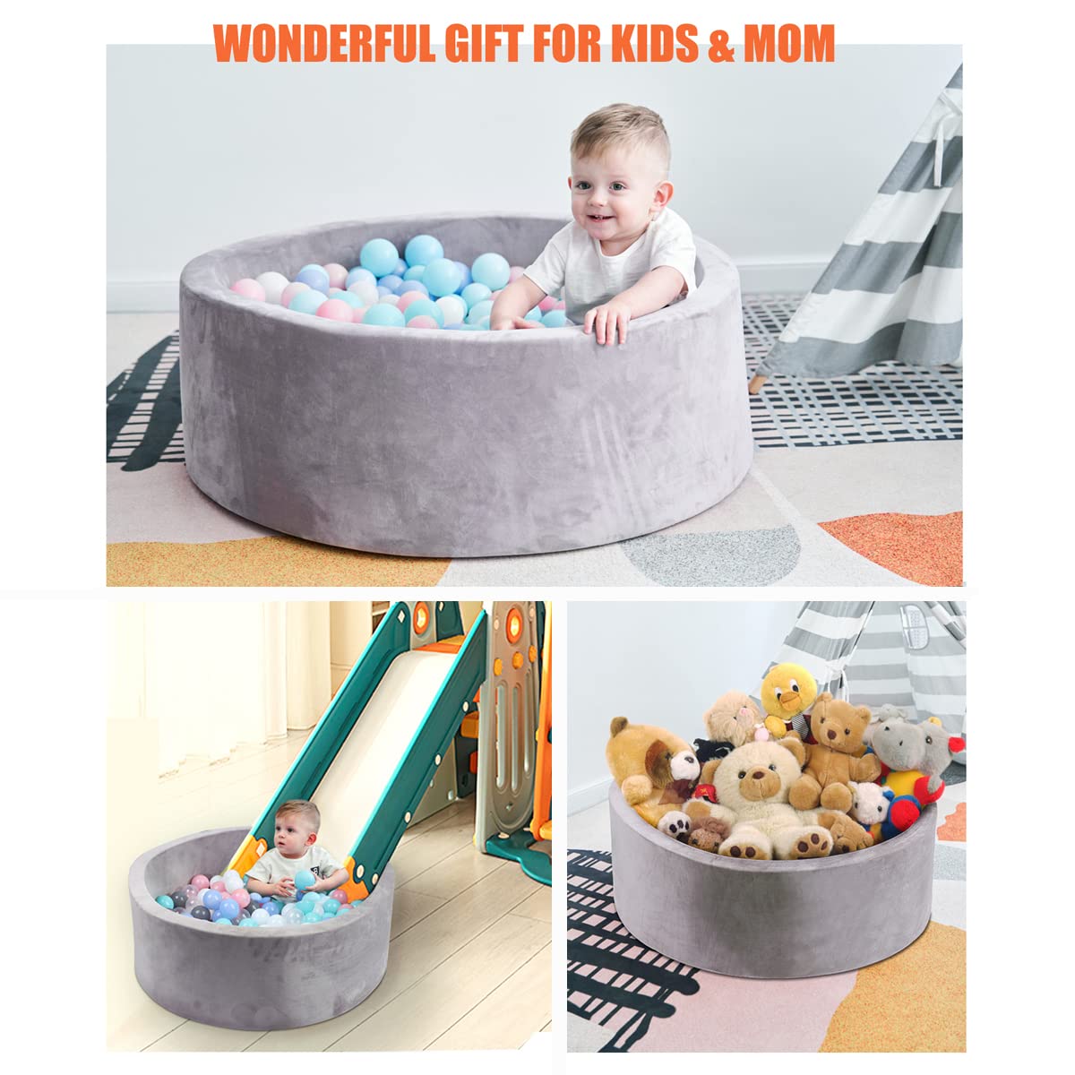 LEKILV Foam Ball Pit for Toddlers, 1-3 Year Old Kids Baby Gift Indoor, Soft Velvet Fabric, Balls or Toys Storage Organizer (Note: no Ball)