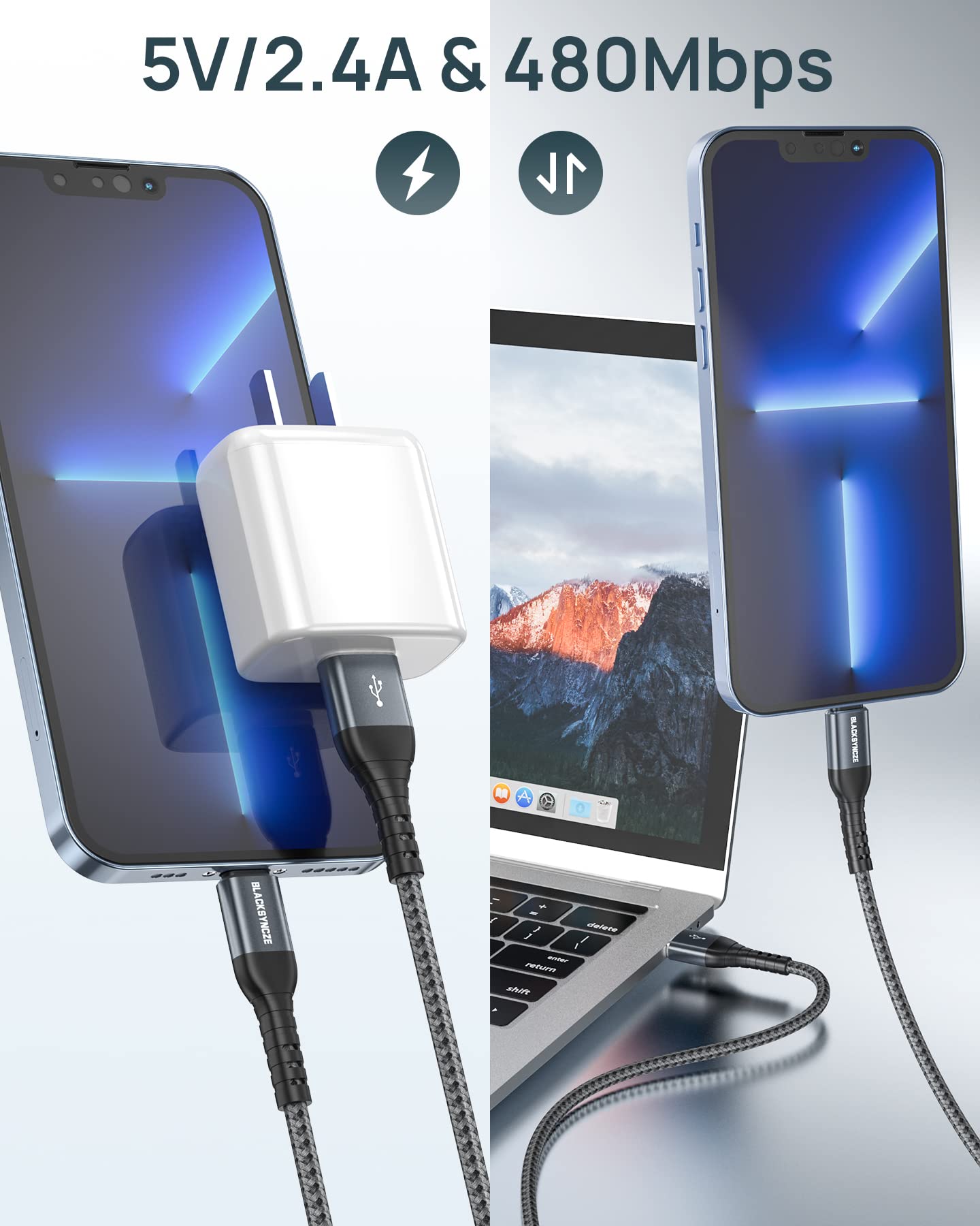 BLACKSYNCZE iPhone Charger, [2 Packs 10FT] MFi Certified Lightning Cable Fast Charging Nylon Braided Long iPhone Charger Cord Compatible with iPhone 13 12 11 Pro Max XS XR X 8 7 6S 6 Plus SE 5S - Grey