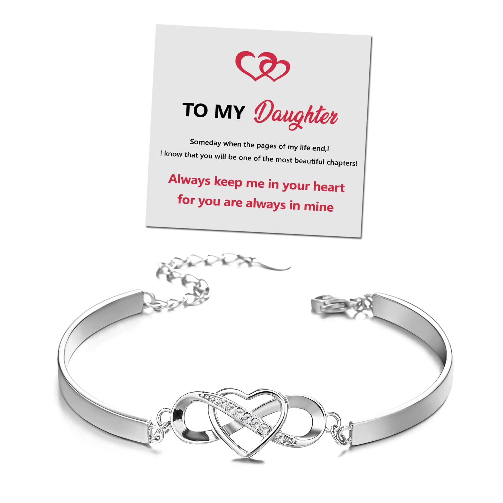 beemean Daughter Infinity Bracelet Infinity Love Heart Bracelet for Daughter-in-Law Bracelet with Inspirational Message Card Adjustable Length Bangle Bracelets(daughter)