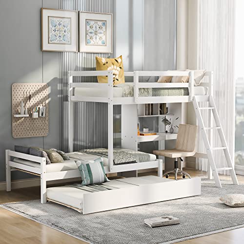 MOEO Twin Over Twin Bunk Bed with Trundle and Ladder for Kids, Adults, Wooden Bunkbed Frame w/Convertible Built-in Desk & Down Bed, Save Space, No Box Spring Required, White