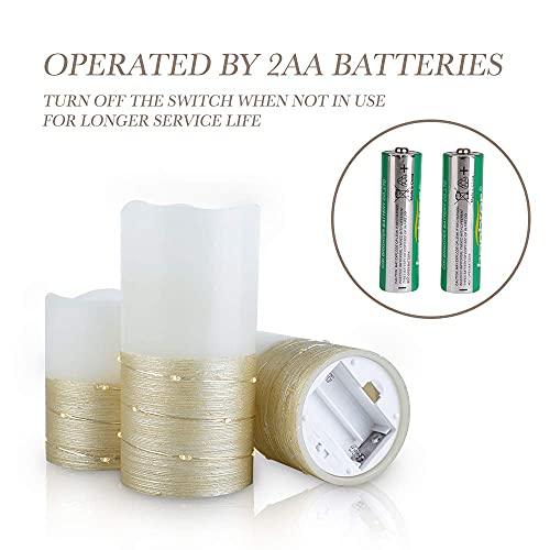 BeMoment Flickering Flameless Candles with Timer - Battery Operated, White LED String Lights, Gold Accent, Ideal for Home Decor, Fireplace, and Events, 3pcs (D 3" x H 4" 5" 6")