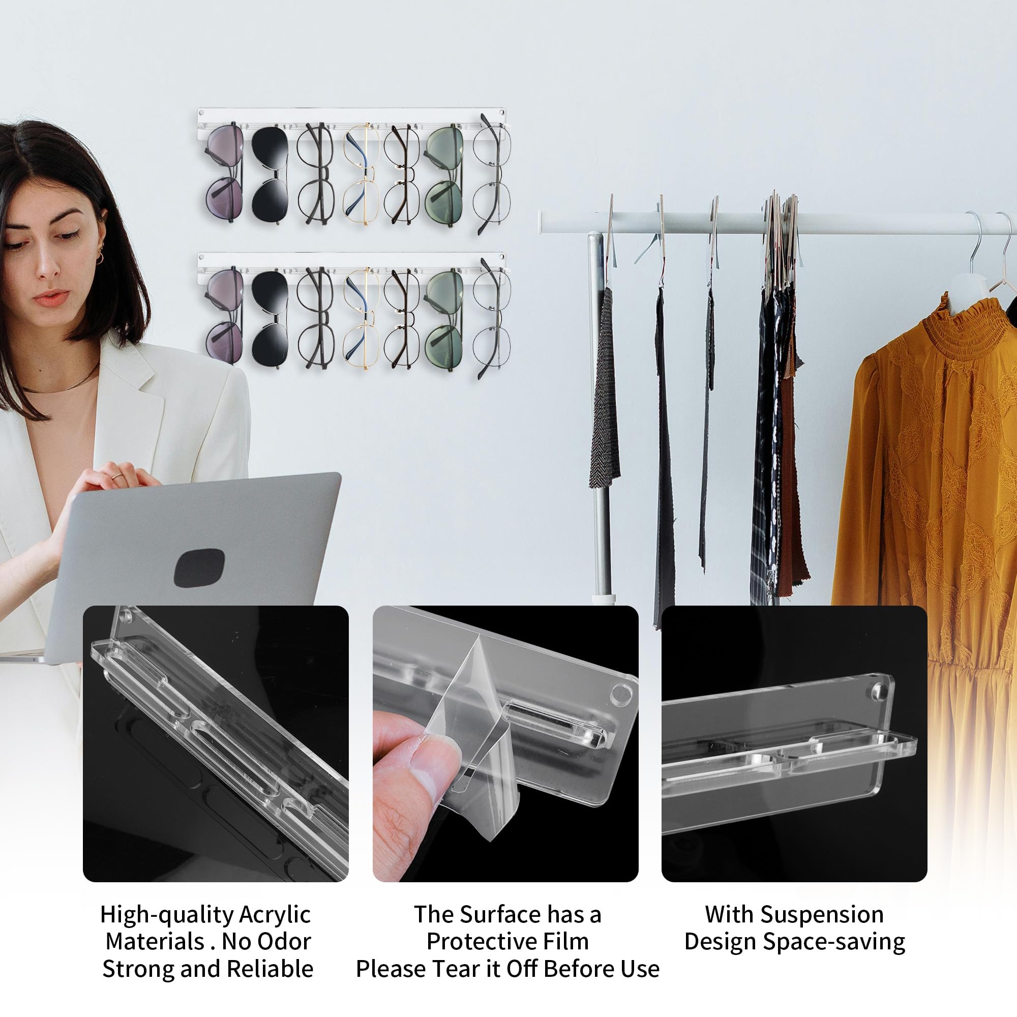 KEJJNYER 6 Pack Acrylic Sunglasse Wall Display, Eyeglasses Organizer Storage Wall Mounted, Sunglasses Holder Hanging Display