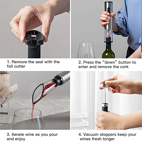 VIDYSUFYR Electric Wine Bottle Opener Set- Silver, Automatic Wine Bottle Opener with Led Light, Rechargeable Corkscrew Kit with Aerator,Foil Cutter,Stoppers