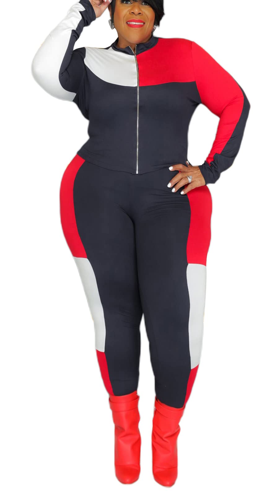 Bluewolfsea Plus Size Tracksuit for Women Set Color Block Striped Long Sleeve Zipper Jacket and Pants Set Sweatsuits XX-Large Black