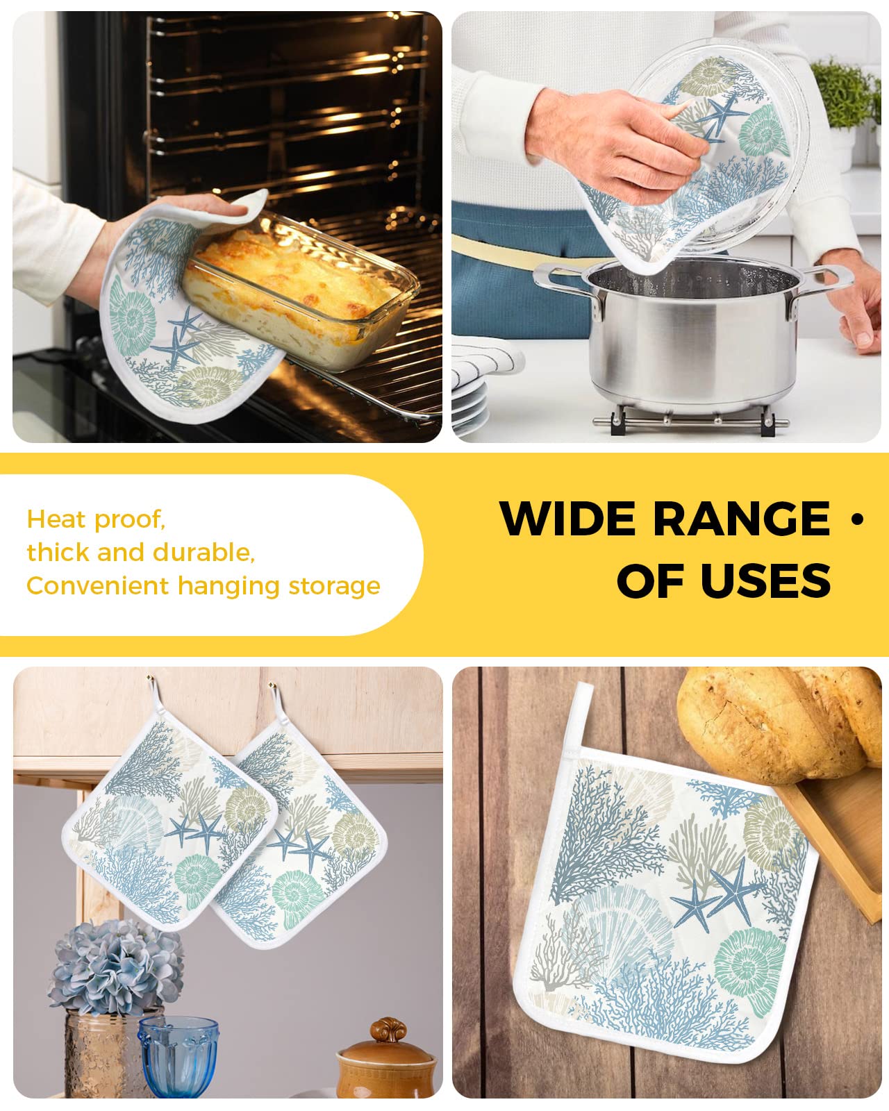 Blue Teal Coral Pot Holders for Kitchen Heat Insulation, Summer Beach Starfish Coastal Modern Geometric Potholders Hot Pads with Hanging Loop, Washable Oven Mitts Pot Holder Trivet for Cooking 2 Pack