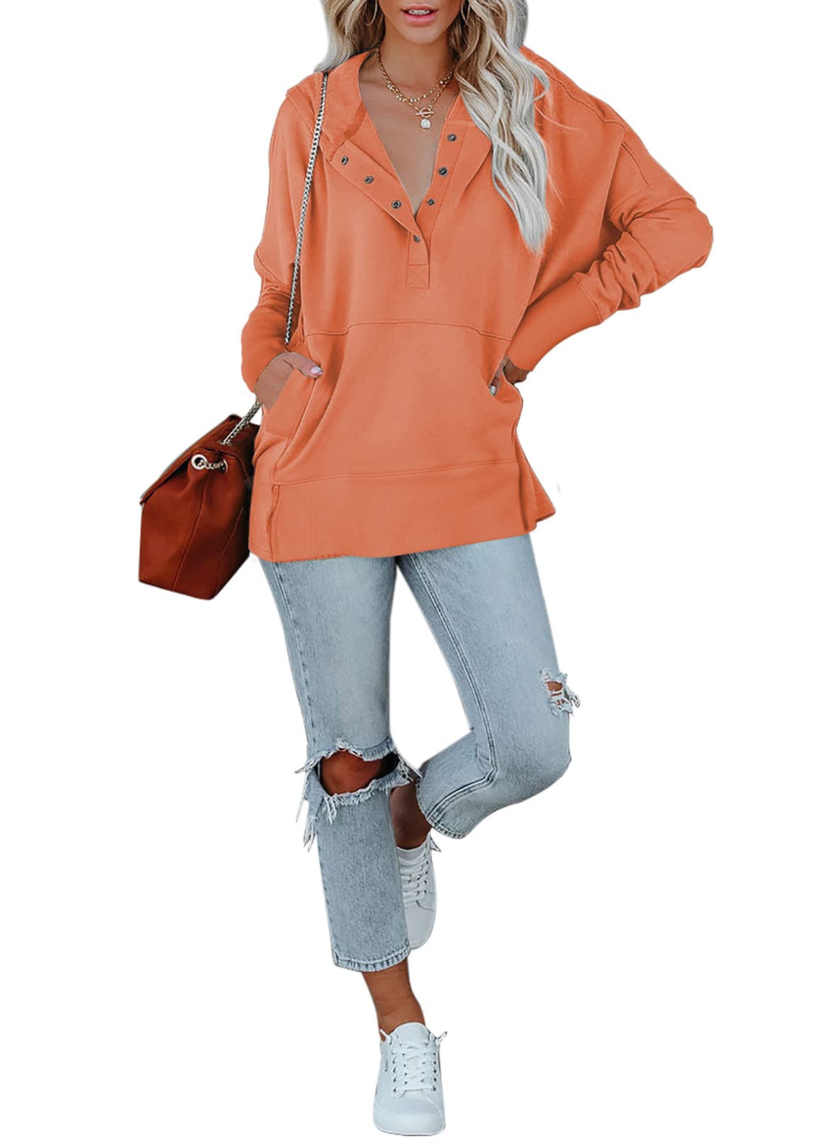 Astylish Women Fashion 2022 Hooded Sweatshirt Oversized Fall Henley Hoodies Sweatshirts Pullover Orange Medium