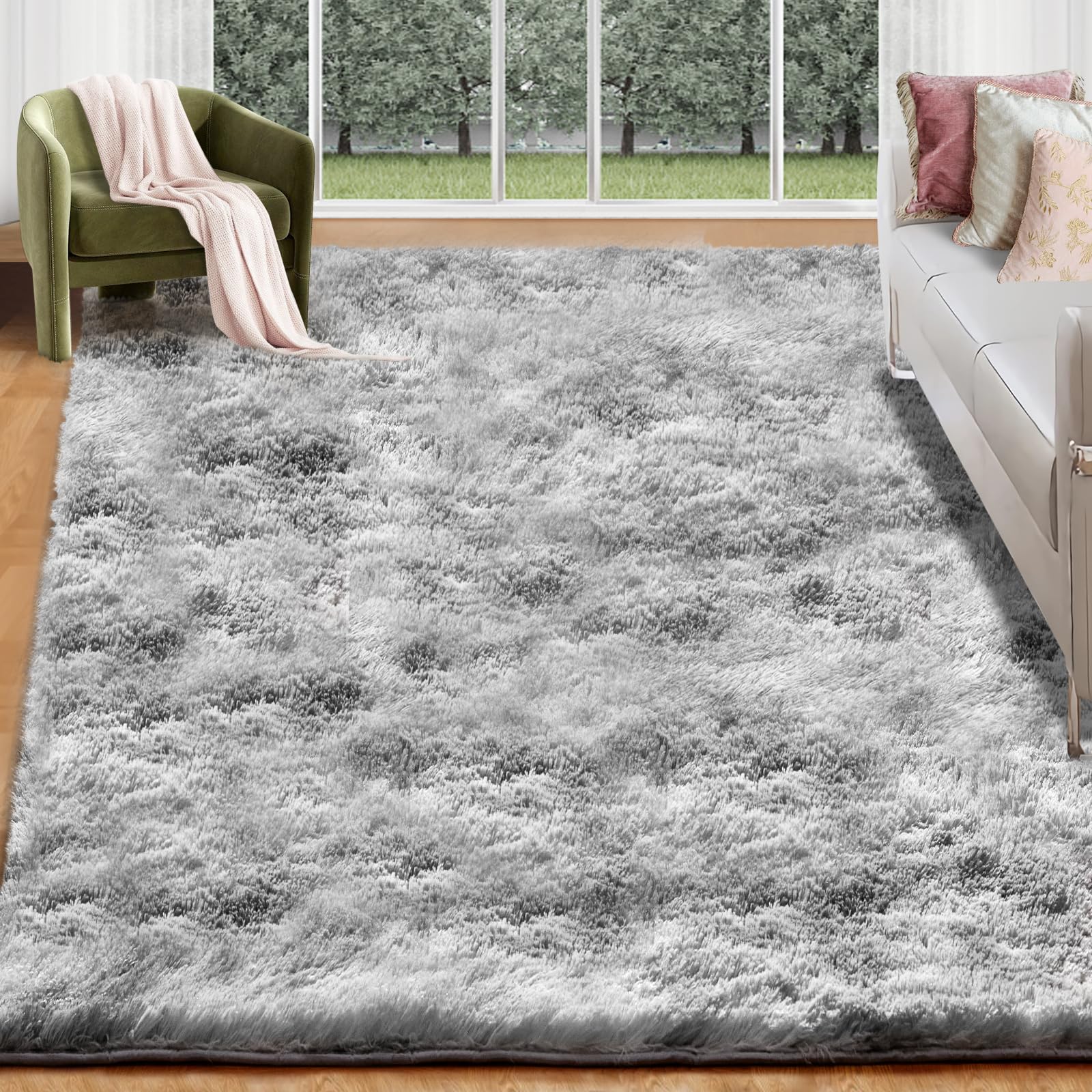 Luxury 8x10 Large Area Rugs for Living Room, Super Soft Fluffy Modern Bedroom Rug, Big Indoor Thick Soft Nursery Rug, Non-Skid Nursery Faux Fur Carpet for Kids Room Home Décor,Tie-Dyed Light Grey