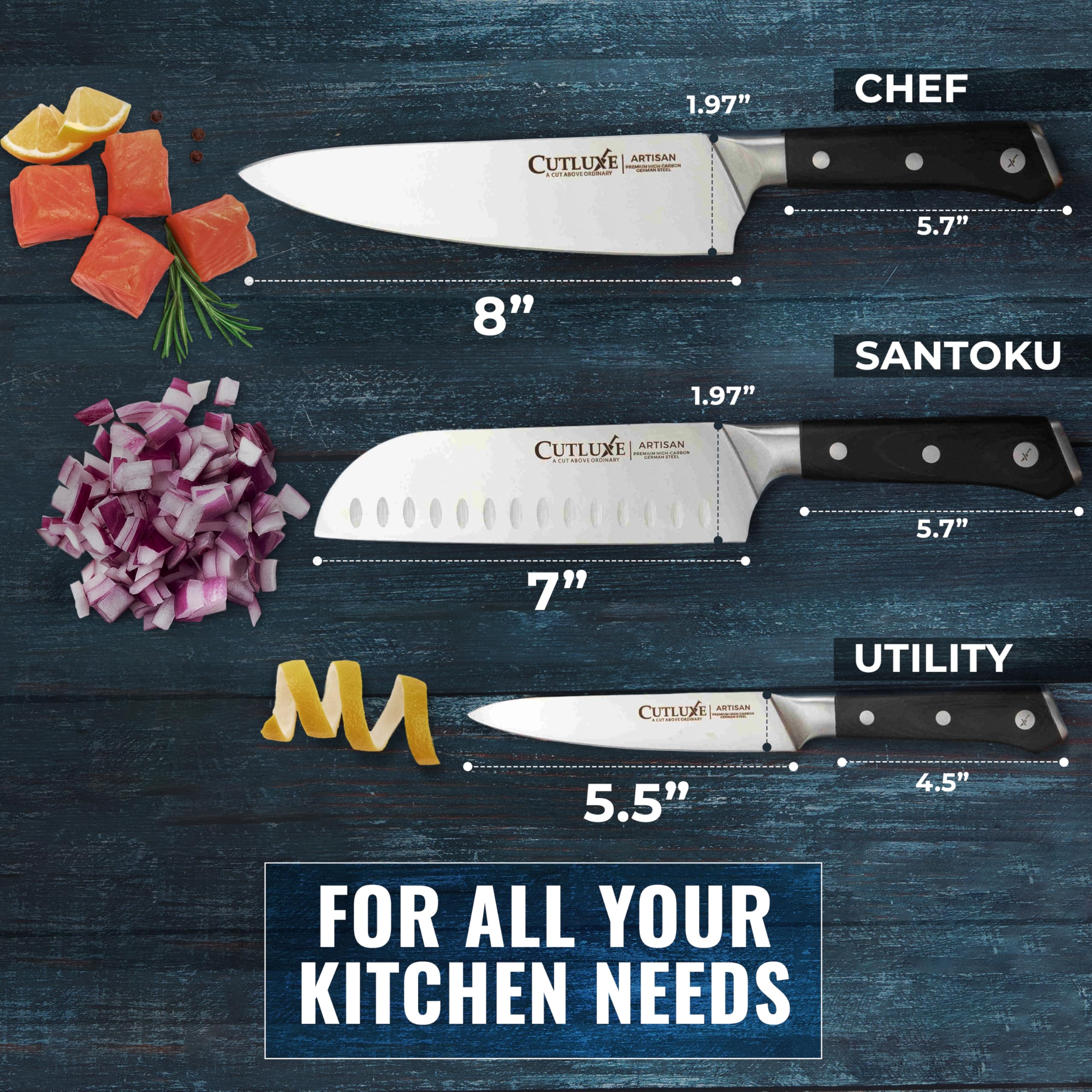Cutluxe Chef Knife Set, 3 PCS Professional Chef's Knife Set β Razor Sharp German Steel, Full Tang, Ergonomic Handles - Artisan Series