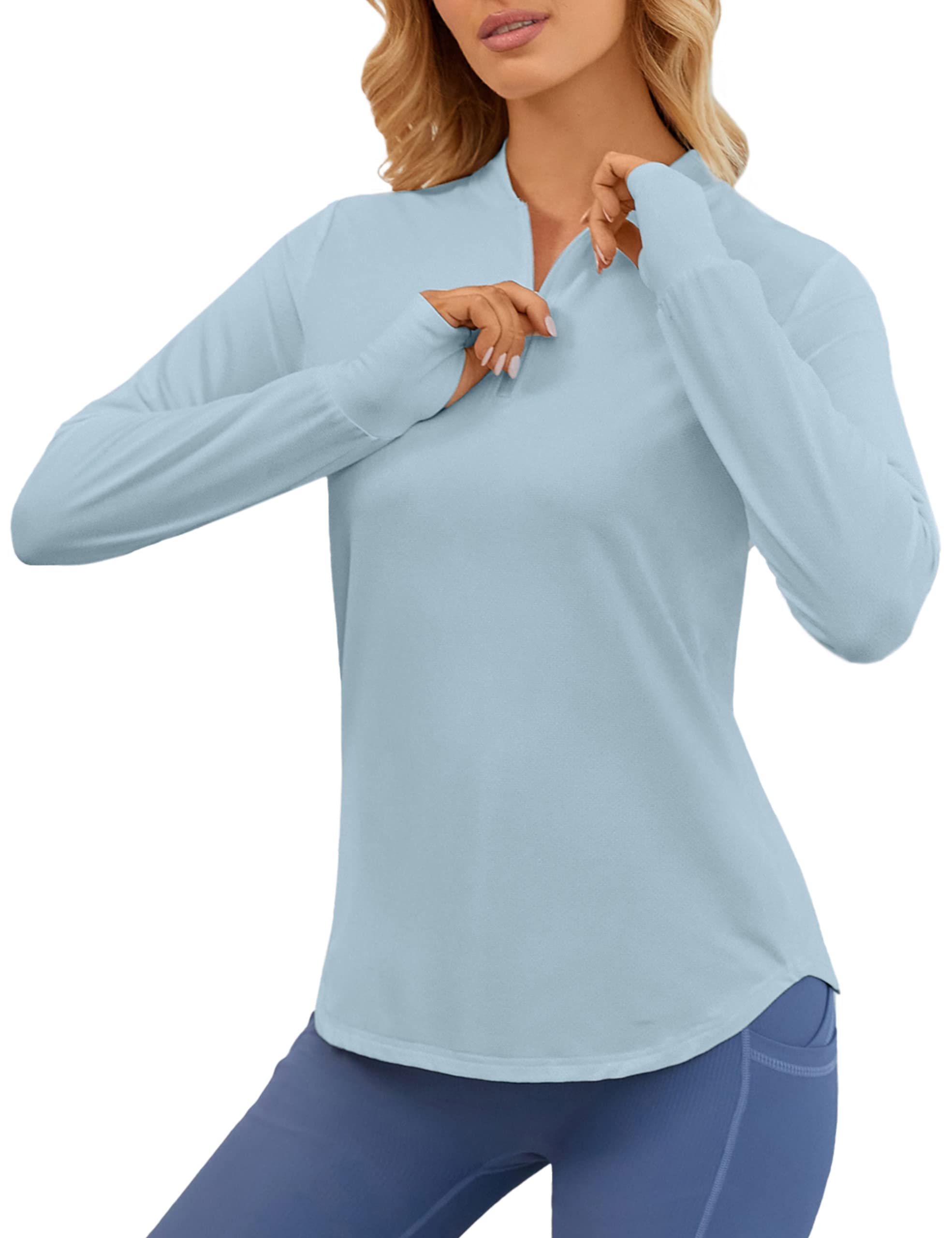 BMJL Women's UPF 50+ Workout Long Sleeve Yoga Shirts Running Hiking Shirts1/4 Zip Pullover Quick Dry Athletic Tops(S,Sky Blue)