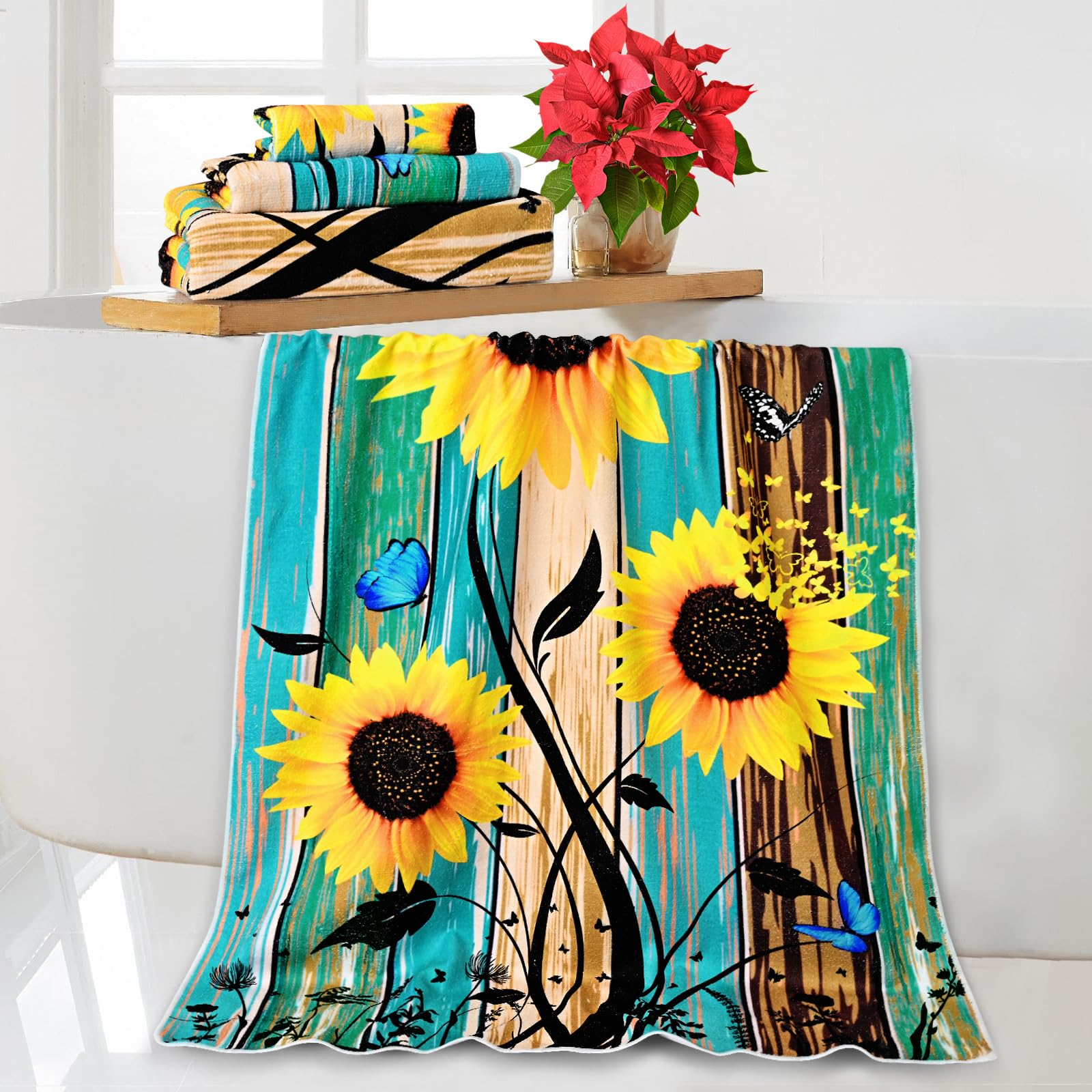 ASPMIZ 3 Pcs Sunflower Beach Towel Oversized Set Include Bath Towel Hand Towel Dish Towel, Microfiber Beach Towels for Adults Quick Dry Bulk Large, Absorbent Wooden Pool Towel Sand Free Bathroom Towel