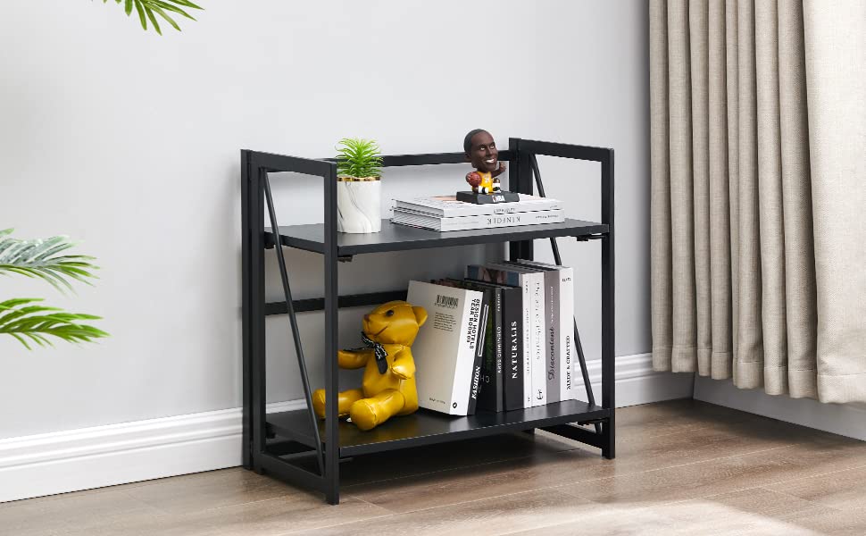 FurnitureR Folding Bookshelf 2 Tiers Bookcase Multifunctional Plant Flower Stand No Assembly Shoe Rack Stackable Shoe Shelf Storage Organizer for Entryway Hallway Closet, 23.6 X 11.8 X 19.6 Inches