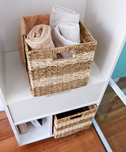 Foldable Hand-woven Wicker Cube Storage Bins, Collapsible Wicker Storage Cubes, Natural Palm Fiber & Seagrass Storage Baskets, Chi An Home Cubes Organizer with Handles, 4 Pack - 11.8" x 11.8" x 11.8"