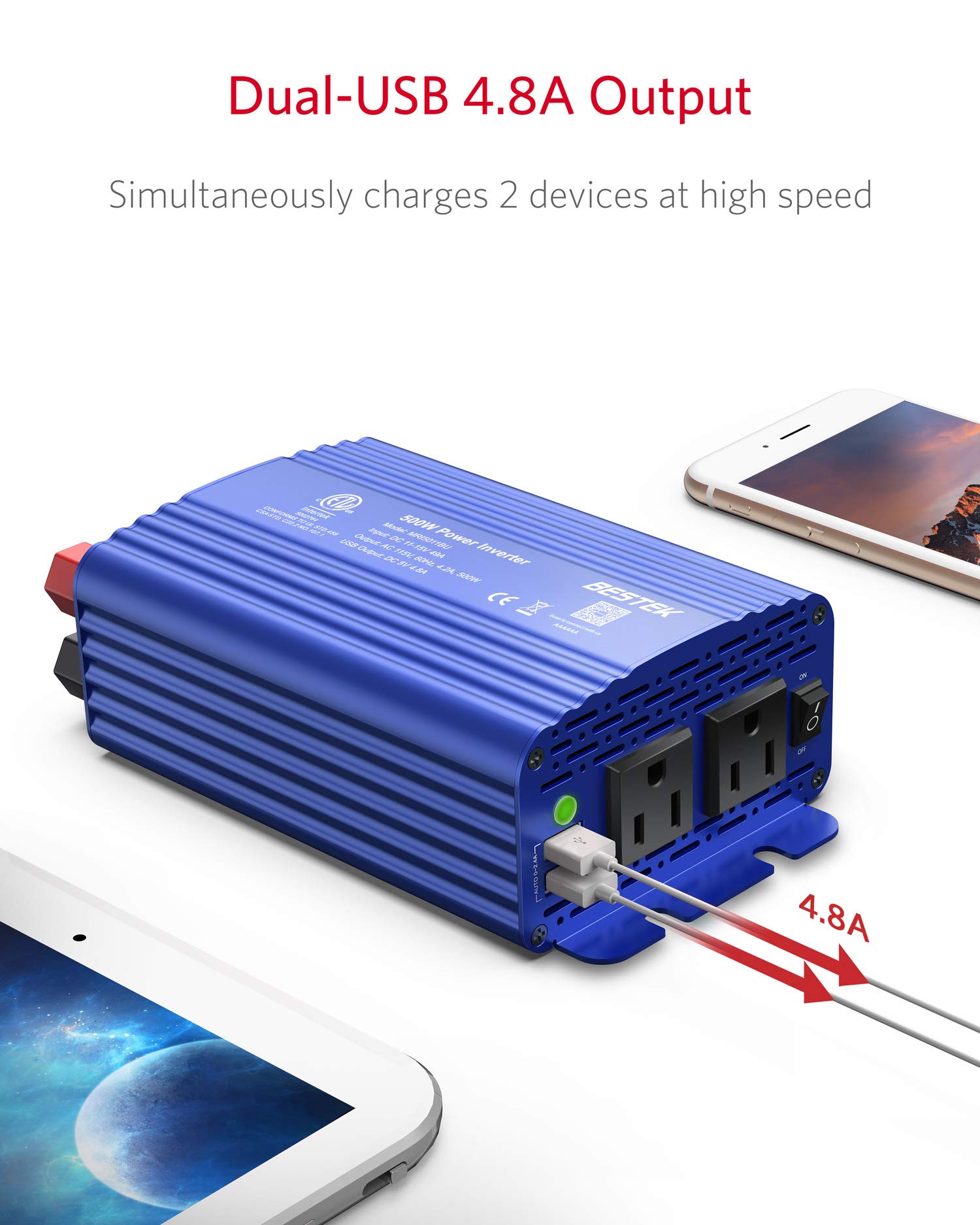 BESTEK 500W Power Inverter DC 12V to 110V AC Converter with 4.8A Dual USB Car Charger ETL Listed (Blue)