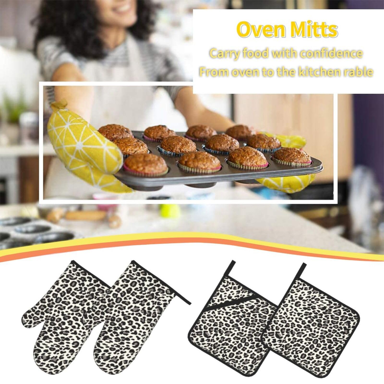 Black Leopard Print Kitchen Baking 4-Piece Set–Heat Resistant Oven Mitts and Pot Holders Kitchen Hot Pads