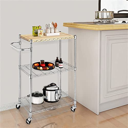 CXDTBH 3 Tier Kitchen & Microwave Trolley 60x35x85CM Storage Rack Wood & Chrome Utility Storage Trolley