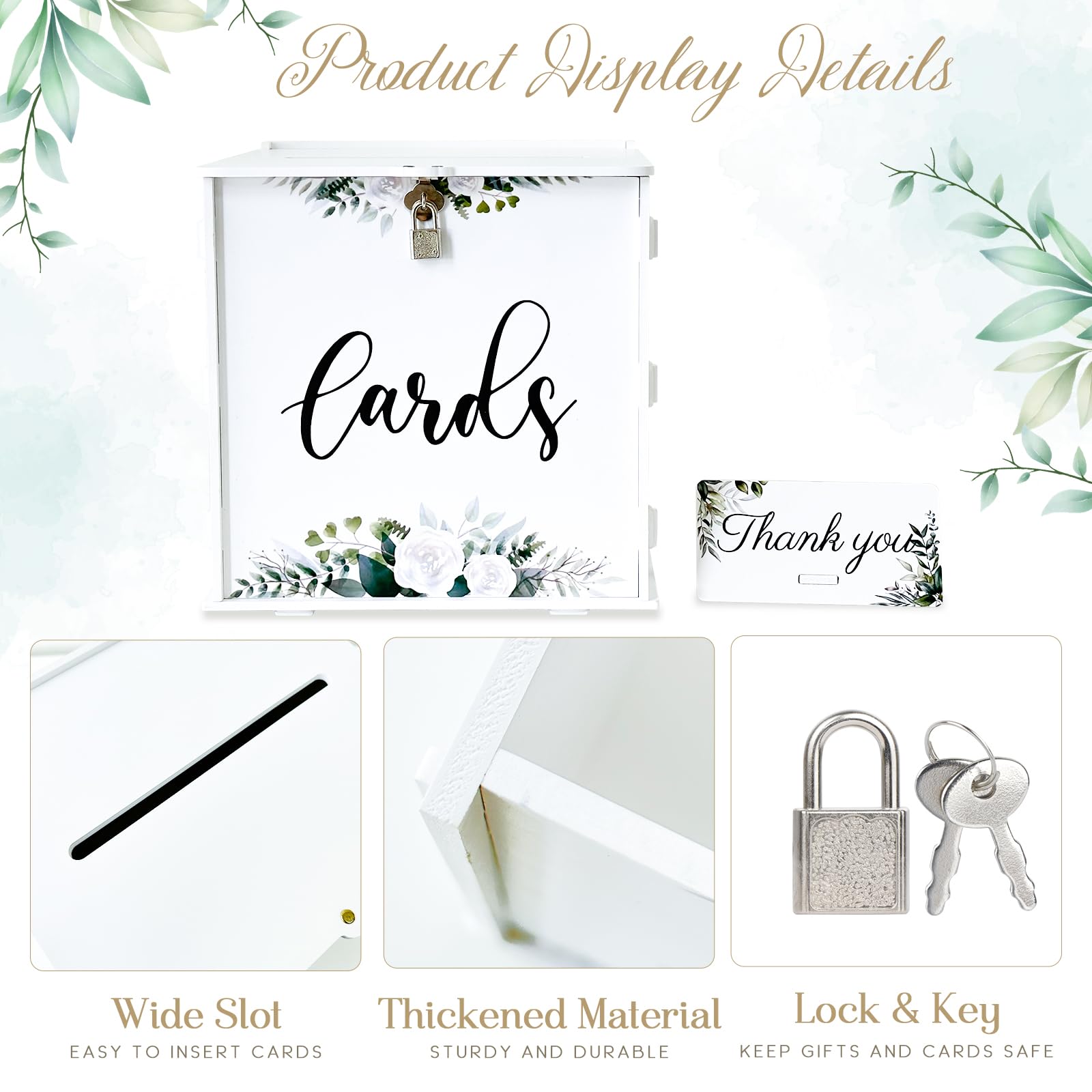 CYAOOI White Wedding Card Box with Lock, PVC Party Card Box for Wedding Reception, Floral Wedding Money Envelope Gift Card Holder Box for Graduation Birthday Baby Shower Decorations