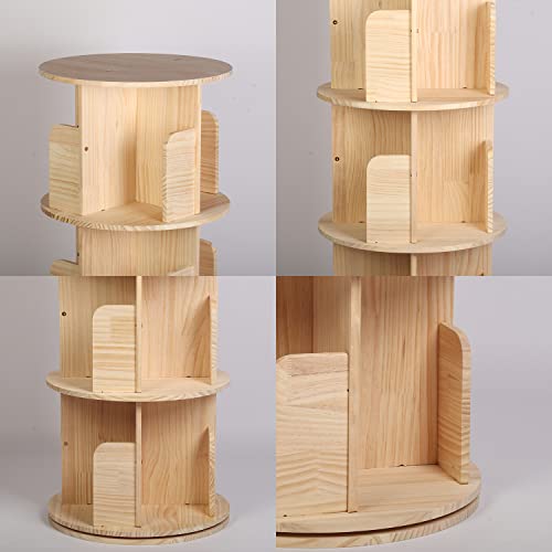 MYOYAY 4-Tier Solid Wood Bookshelf Floor Standing Bookcase 360° Rotation Book Storage Cabinet Magazines Potted Plants Display Stand Holds Up to 200 Books Study Office Home Decoration