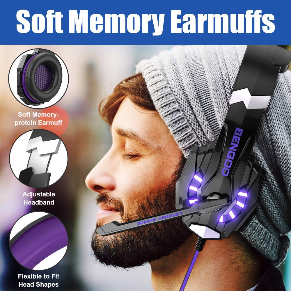 BENGOO G9000 Stereo Gaming Headset for PS4, PC, Xbox One Controller, Noise Cancelling Over Ear Headphones with Mic, LED Light, Bass Surround, Soft Memory Earmuffs (Purple) (Renewed)