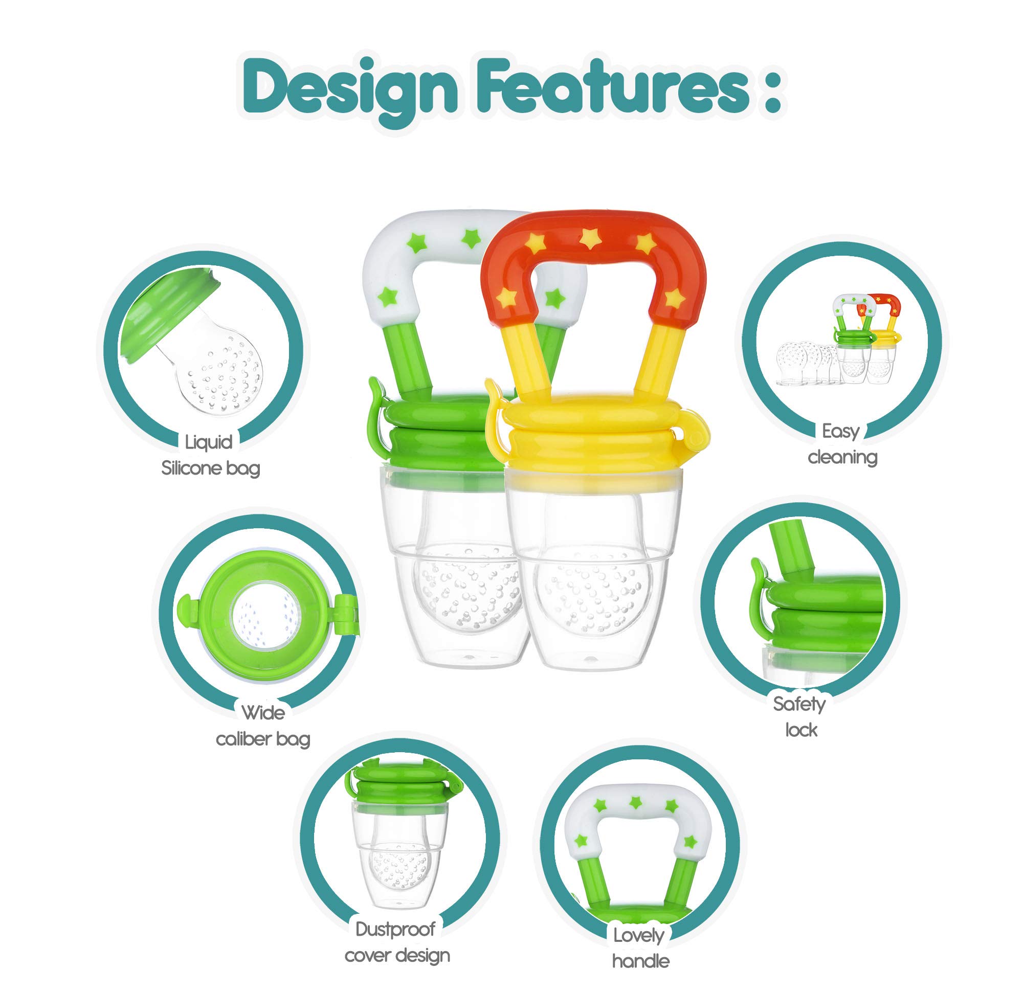 Baby Fruit Feeder Pacifier (2 Pack), Fresh Food Feeding Teether for Toddler, BPA Free, Soothing Gum Relief, Infant Silicone Teething Toy, Includes All The Sizes of The Silicone Nipple Pouches