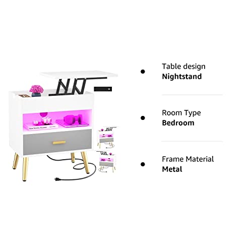 Cyclysio 35 Inches Nightstand with Reversible Lift Top, Large Night Stand with LED Lights, Tall Bedside Table with Charging Station, High End Side Table for Bedroom, Sofa Side, Living Room, White