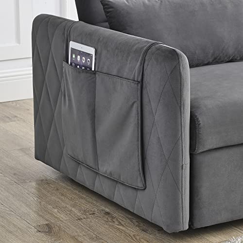 Eafurn 3 in 1 Multi-Functional Convertible Sleeper Sofa Bed, Modern Velvet Loveseat Sofa & Pull Out Couch Reclining Adjustable Backrest and 2 Pillows Grid Design Armrests for Apartment Living Room