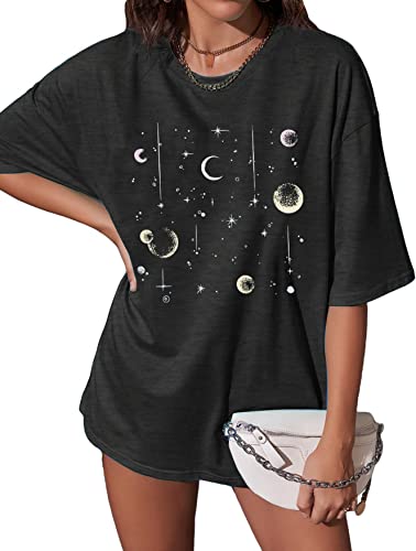 Moon Shirts Women Oversized Fashion Celestia T-Shirt Vintage Phase Moon Shirts Astronomy Graphic Short Sleeve Tee Tops Dark Grey