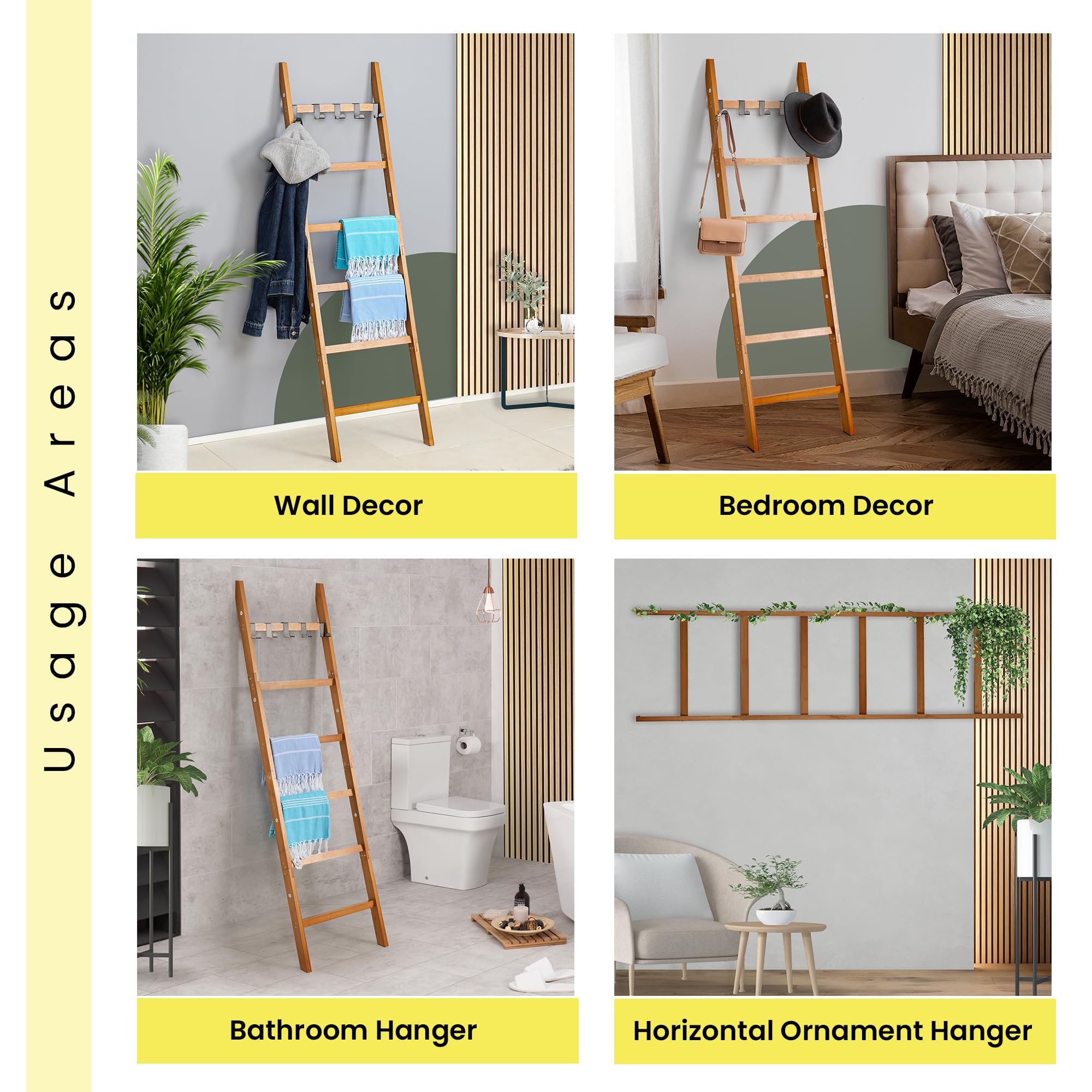 Blanket Ladders for The Living Room - 62 Inches - Decorative Ladder for Blankets, Throws, Quilts - 6 Tiers Ladder Blanket Holder with Hooks, Non-Slip Pads - Black, Grey, White, Brown (Black)