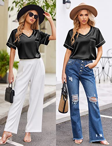 Ekouaer Satin Pajama Set Women Short Sleeve Silk Pajama Set 2 Piece Lightweight Lounge Sets with Pants Black Large