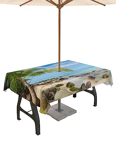 CyCoShower Outdoor Tablecloth Palm Tree Beach Sea Cloud Blue Sky Island Reef Stone Spillproof Outdoor Tablecloth with Umbrella Hole Zipper for Spring Summer Patio Table,52"x70"
