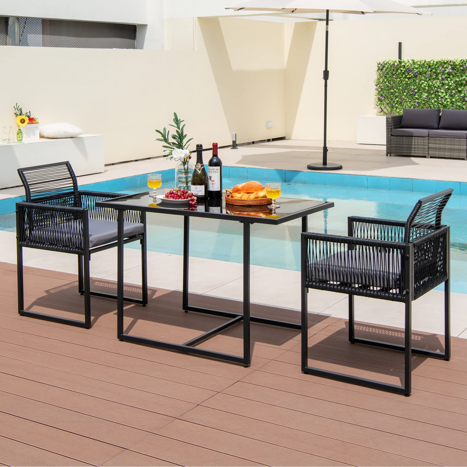 DORTALA Rattan Patio Furniture Set, 3-Piece Dining Set with Cushions, Tempered Glass Tabletop, Outdoor Wicker Small Chairs & Table Set for Backyard, Balcony, Poolside, Black