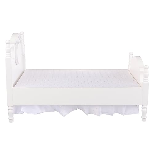 Dollhouse Furniture Queen Bed Set, Mini Bedroom Accessories for 12 inch Dolls, Grey Bedding, White Wooden Frame, 1/6 Scale