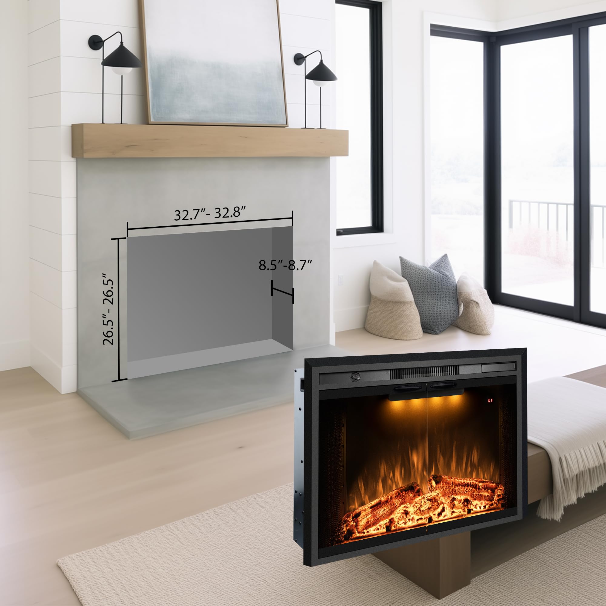Benrocks 36β Electric Fireplace Inserts with Glass Door and Mesh Screen, Multicolor Flames & Fire Crackling Sounds, Timer, Overheating protection Fireplace Heater, 750/1500W